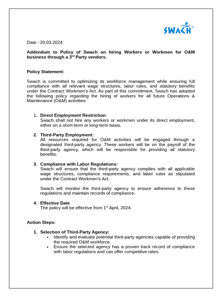 Policy On Outsourcing of Labour | PDF | Employment | Regulatory Compliance