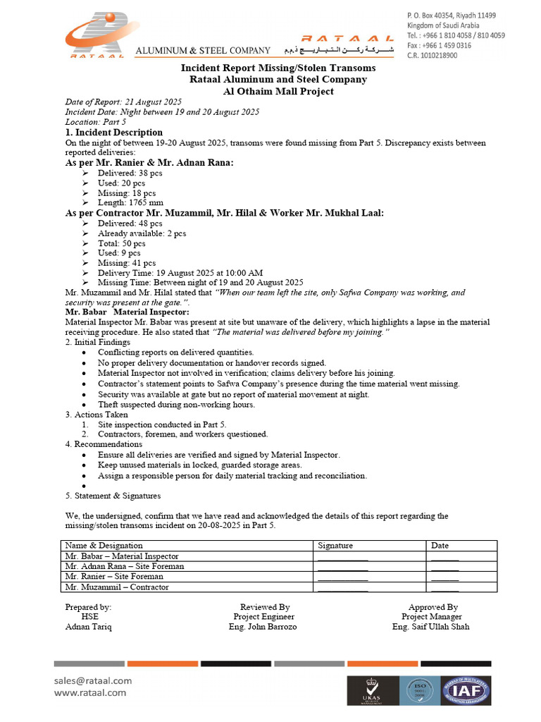 Missing Transoms Incident Report | PDF