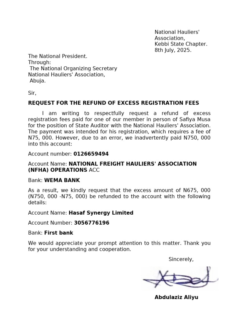 Refund Request for Safiya Musa's Fees | PDF