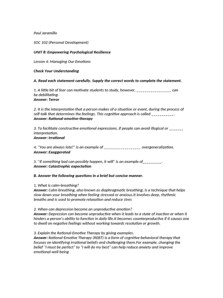 SOC 201 Unit 8 Lesson 4 Managing Our Emotions | PDF | Rational Emotive ...