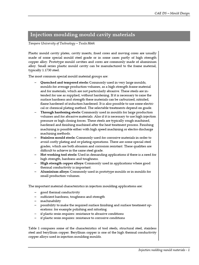 Injection Molding Mould Materials Guide | PDF | Steel | Heat Treating