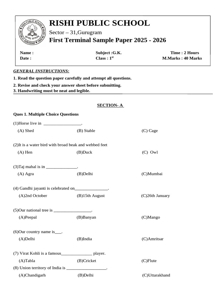 G.K. Sample Paper for Class 1 - 2025 | PDF