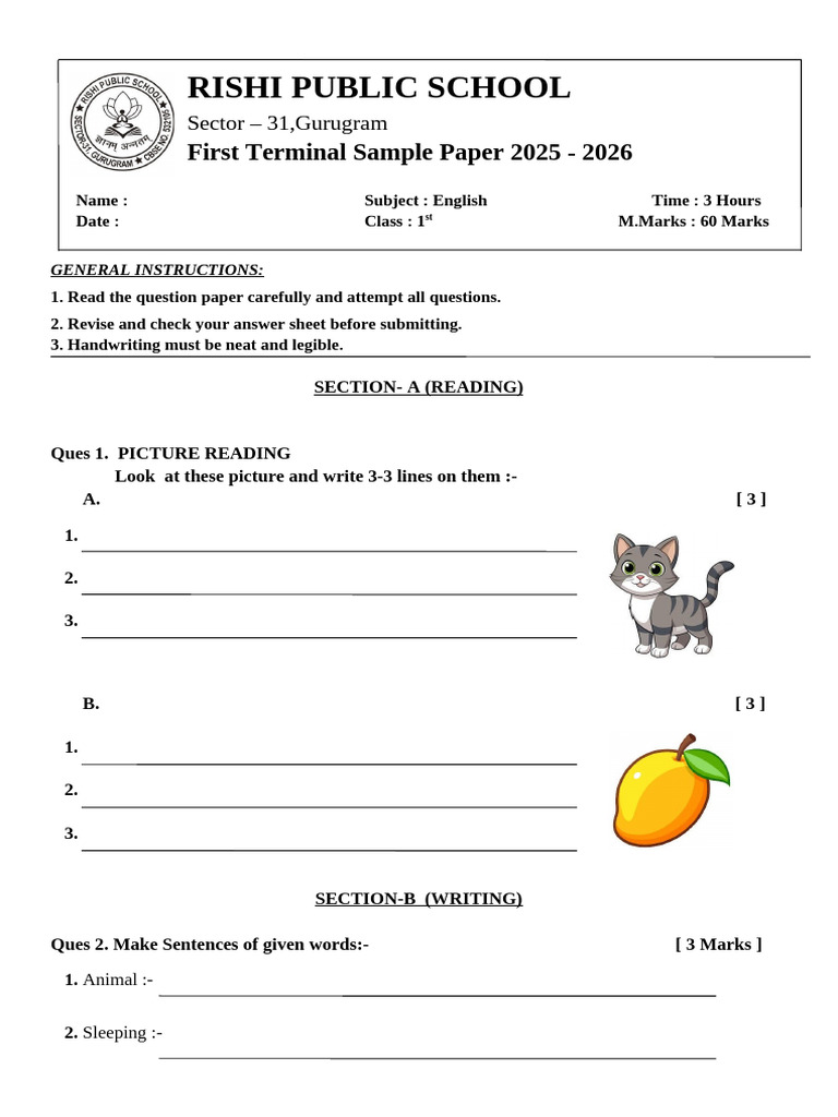 First Terminal English Sample Paper 2025 | PDF