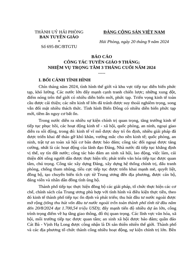 BC 695 - CTTG 9 Tháng Đầu Năm 2024 | PDF