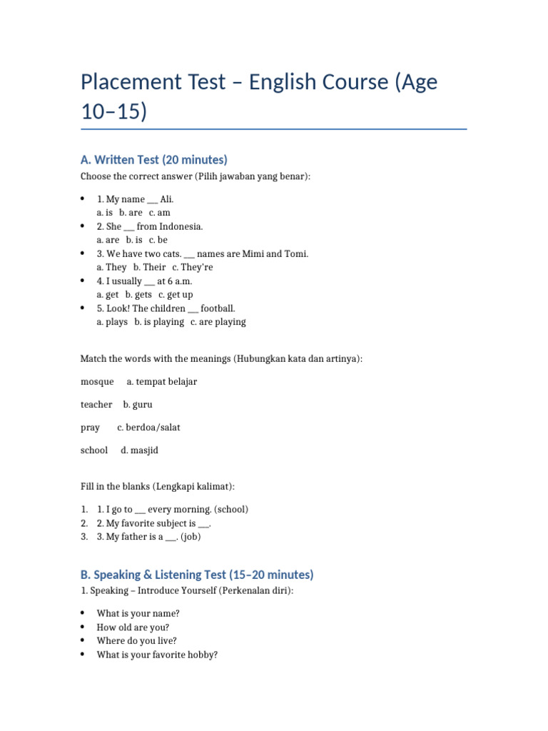 Placement Test English Course | PDF