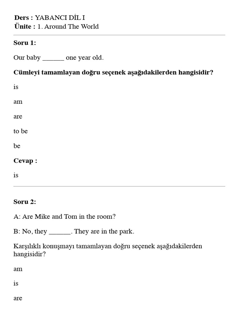 Ders - YABANCI DİL I - Ünite - 1. Around The World - Sorular | PDF