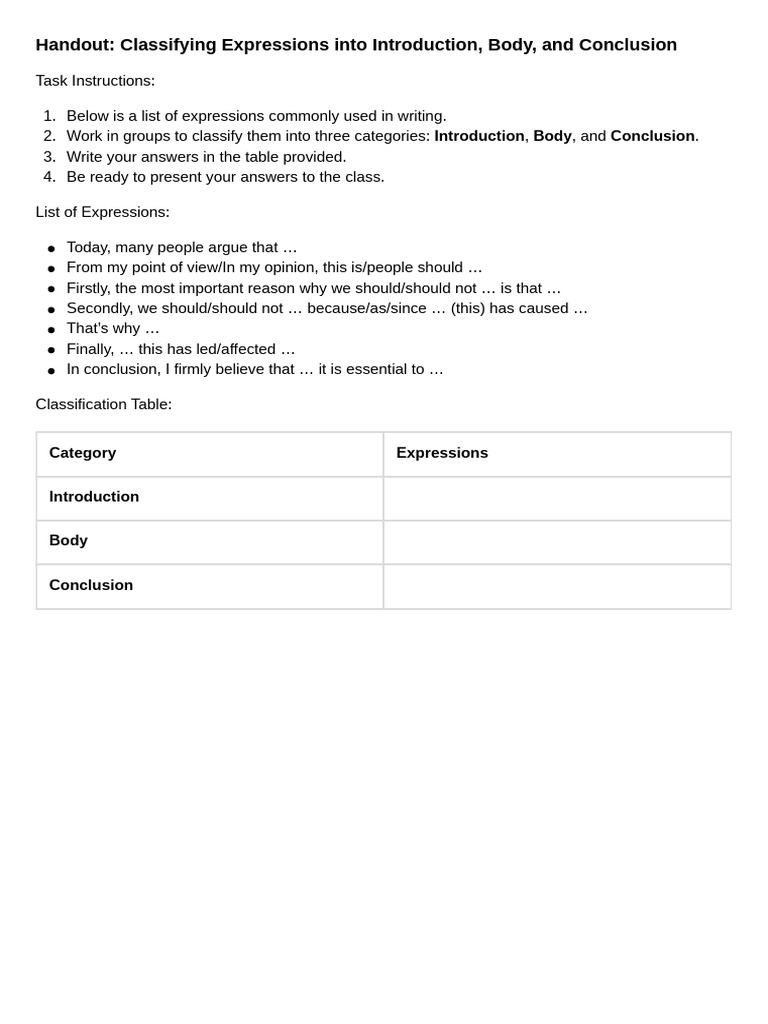 Handout Classifying Expressions Into Introduction, Body, and Conclusion ...