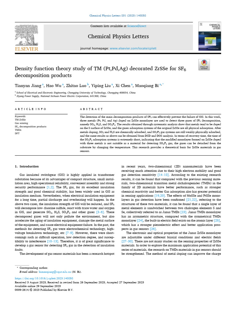 DFT of TM (PT, PD, Ag) Decorated ZrSSe For SF6 Decomposition Products ...