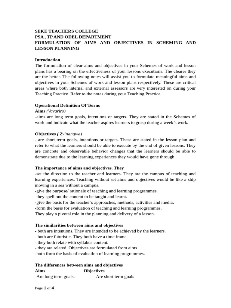 Aims and Objectives in Lesson Planning | PDF | Learning | Lesson Plan
