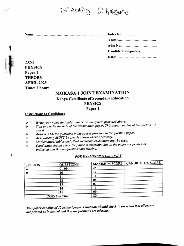 Physics Paper 1 Scheme | PDF