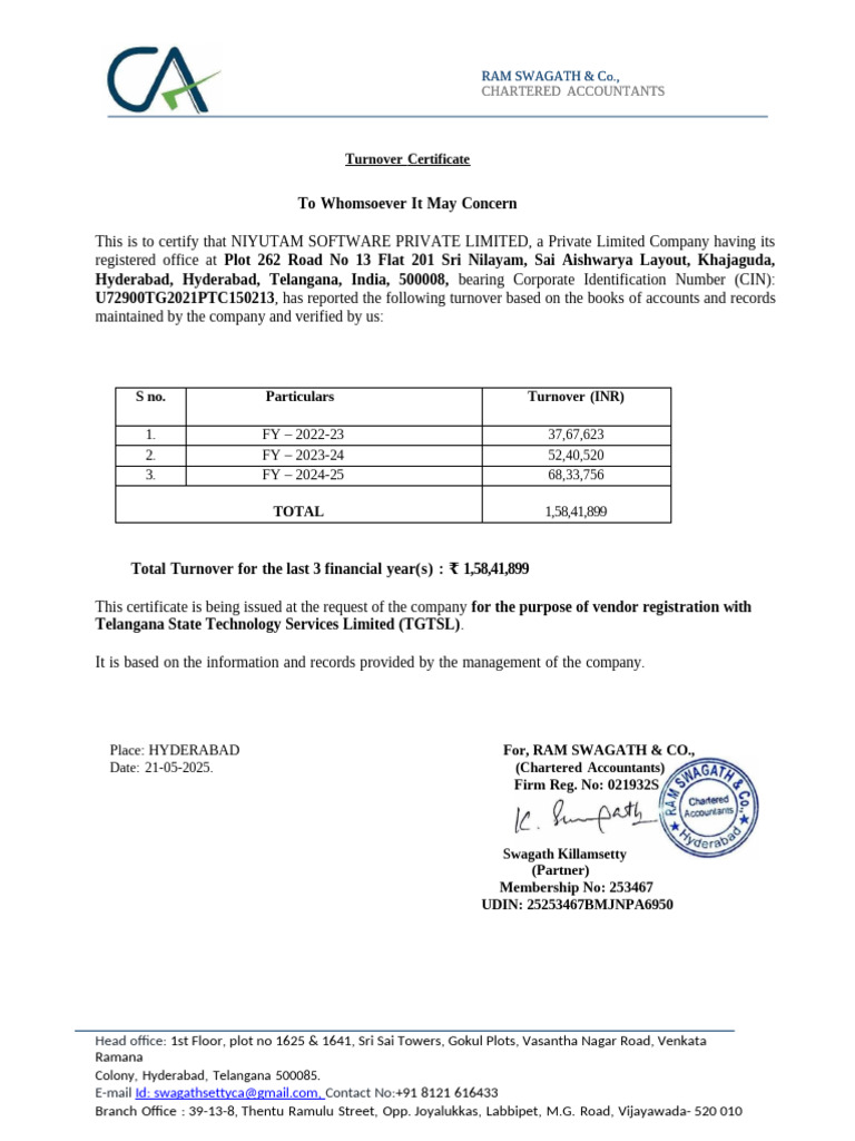 Turnover Certificate for FY 2024-25 | PDF
