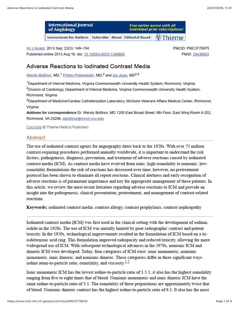 Adverse Reactions To Iodinated Contrast Media | PDF | Medical ...