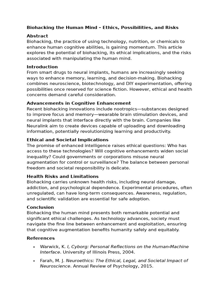 Biohacking The Human Mind - Ethics, Possibilities, and Risks | PDF