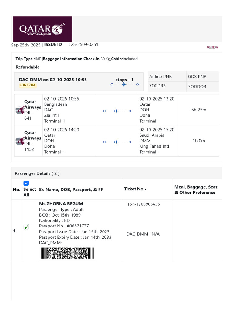 7OCDR3-E-Tickets Receipts Qatar Airways 02 Oct | PDF | Airlines | Transport