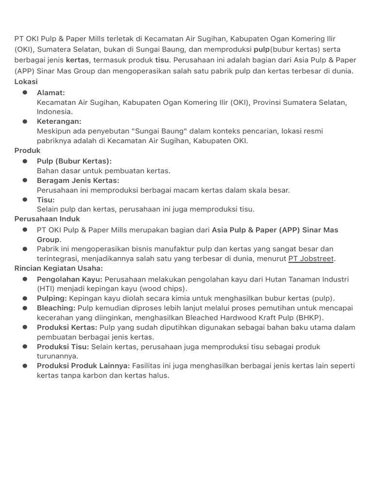 Lokasi dan Produk PT OKI Pulp & Paper | PDF