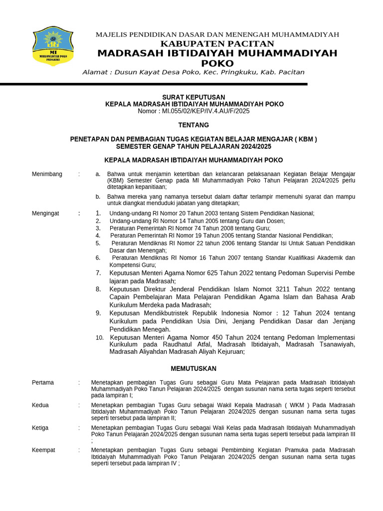 Pembagian Tugas KBM MI Muhammadiyah Poko | PDF