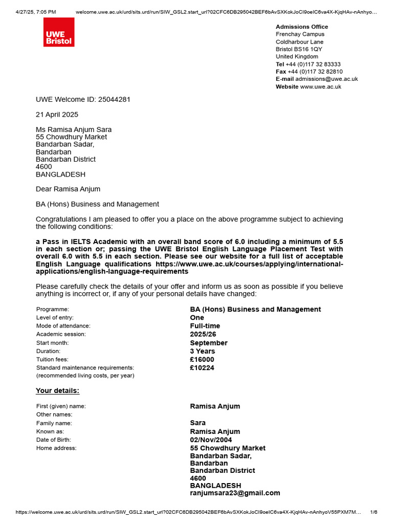 UWE Offer Letter for Ramisa Anjum | PDF | Fee | Travel Visa