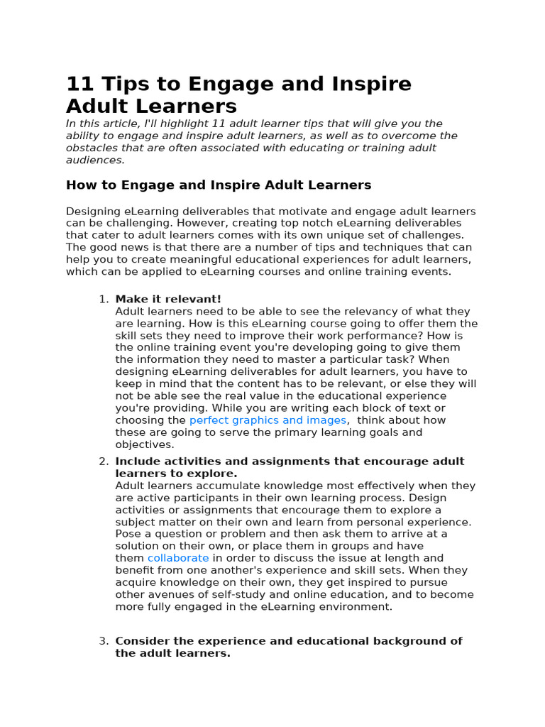 Engage Adult Learners: 11 Tips | PDF | Educational Technology | Learning