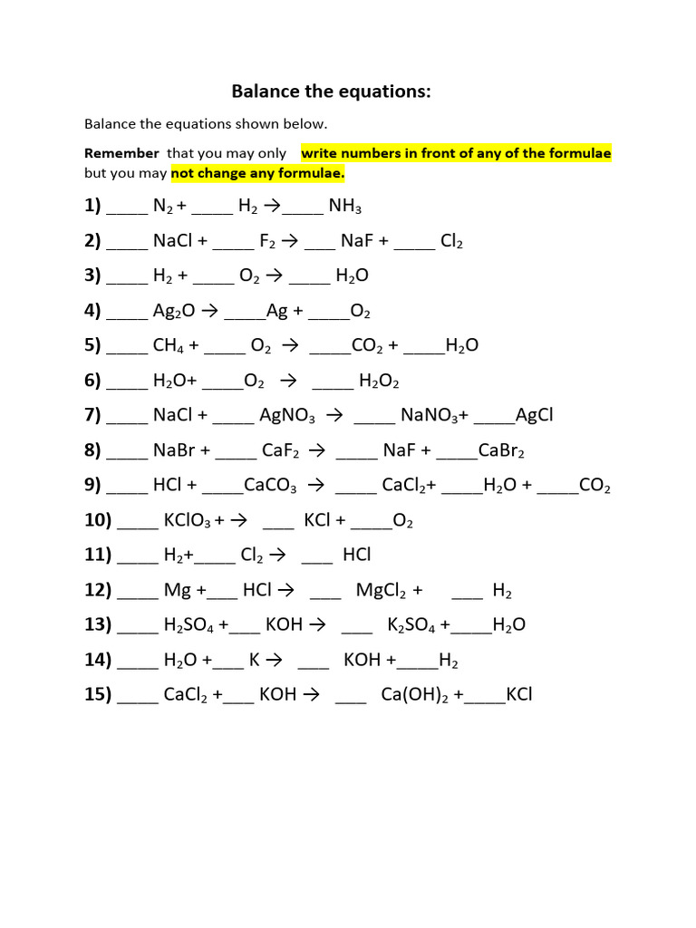 Year 9 Balancing Equations Worksheet | PDF