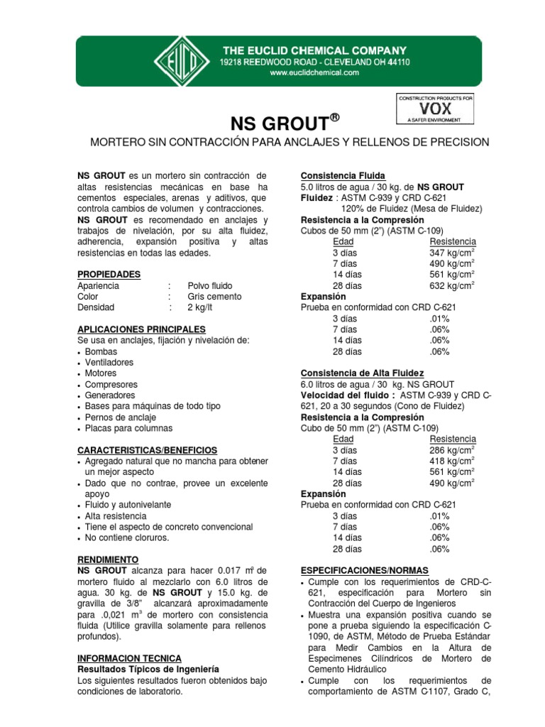 Hoja Técnica NS GROUT | PDF | Agua | Kilogramo