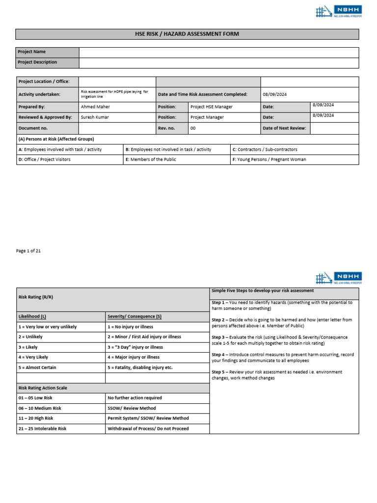 Risk Assessment For HDPE Pipe Laying For Irrigation Line | PDF | Risk ...