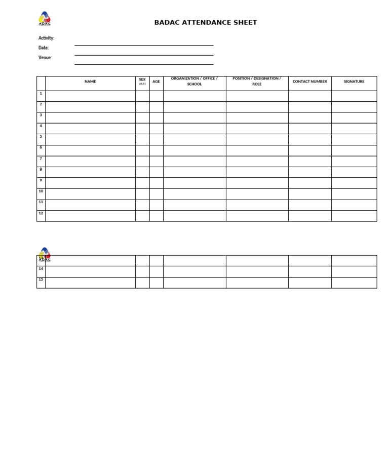 Badac Template - Attendance Sheet | PDF