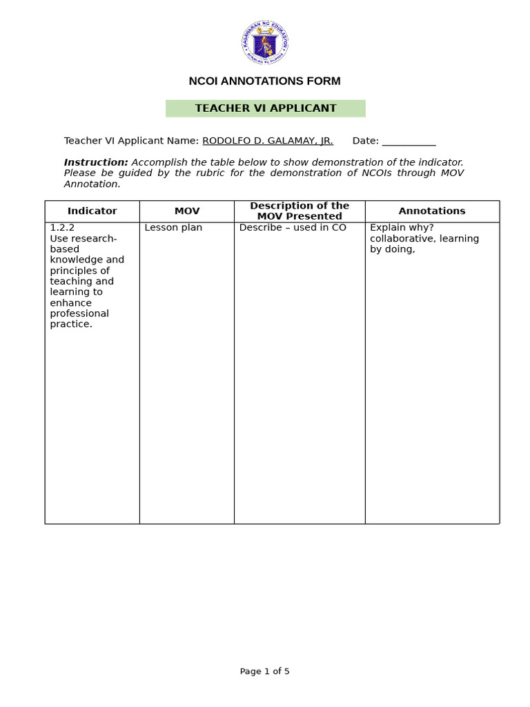 NCOI Annotations Form For Teacher VI Applicant | PDF | Cognitive Science | Pedagogy