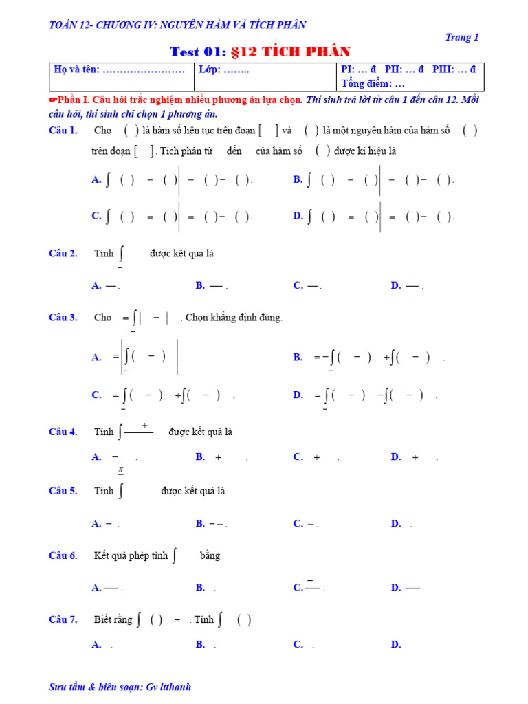 Bai 12 - Tich Phan - Test 01 | PDF