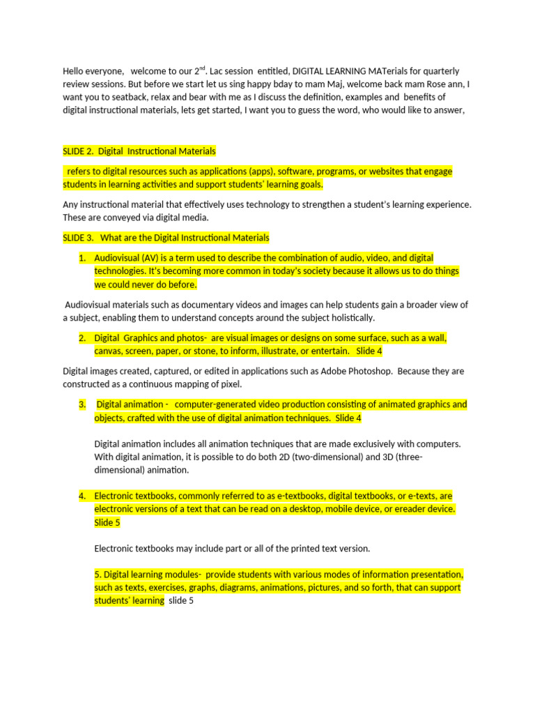 Digital Learning Materials Overview | PDF | Teaching Method | Graphics