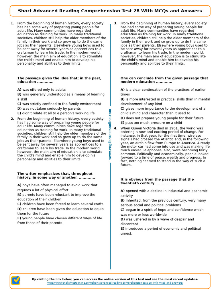 871 Short Advanced Reading Comprehension Test 28 With Mcqs and Answers ...