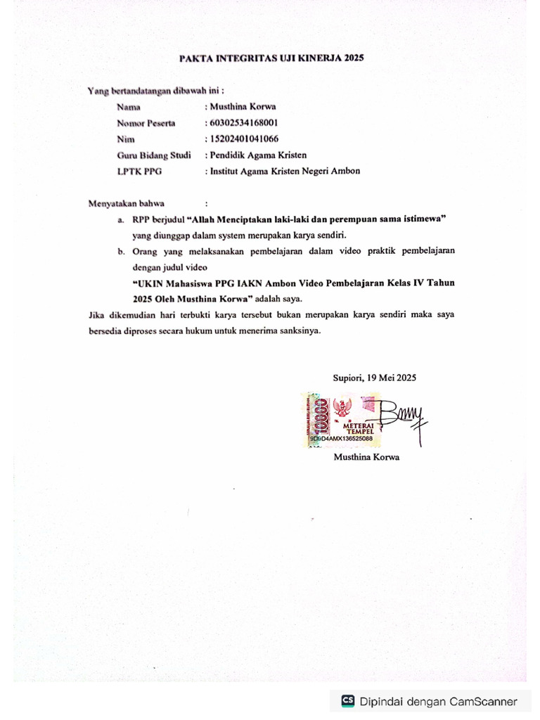 Pakta Integritas Uji Kinerja 2025 | PDF