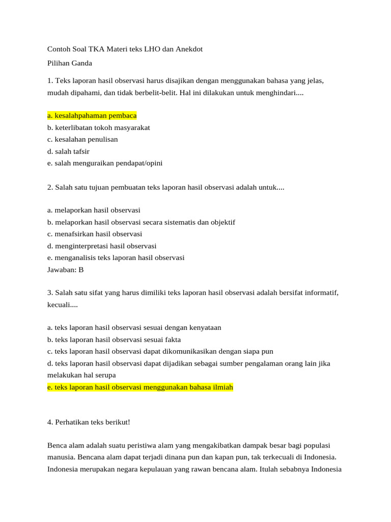 Contoh Soal TKA Teks LHO dan Anekdot | PDF