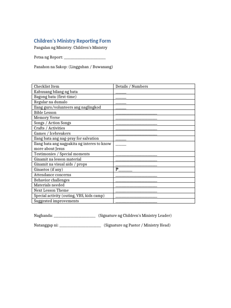 Childrens Ministry Reporting Form | PDF