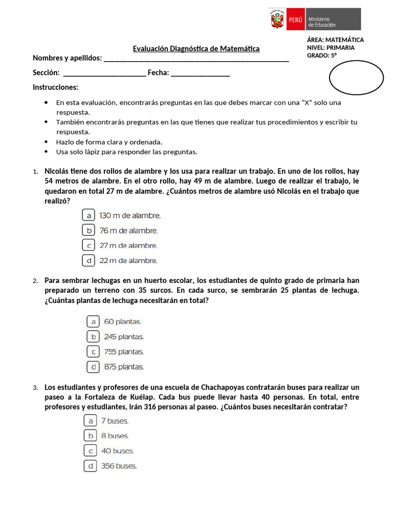 Evaluación Diagnóstica Matemática 5° Primaria | PDF