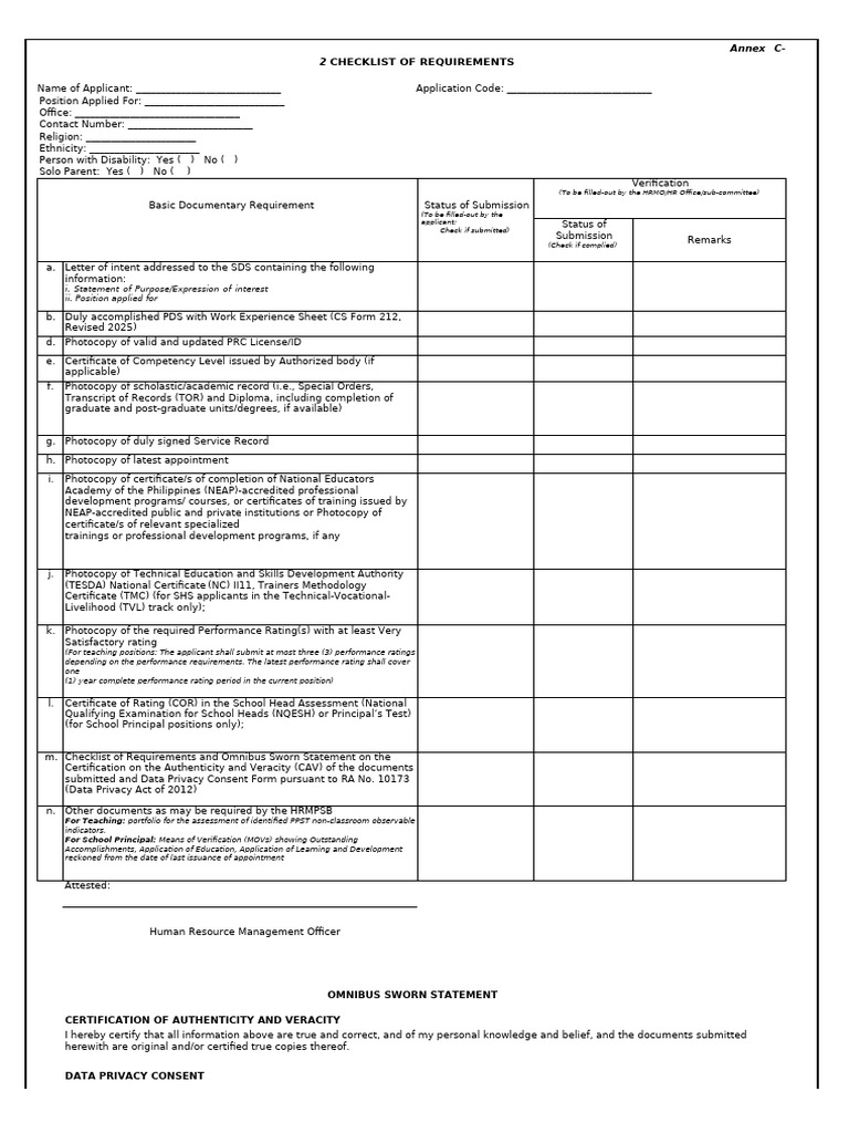 Annex C-2 - Checklist of Requirements and Omnibus Sworn Statement | PDF