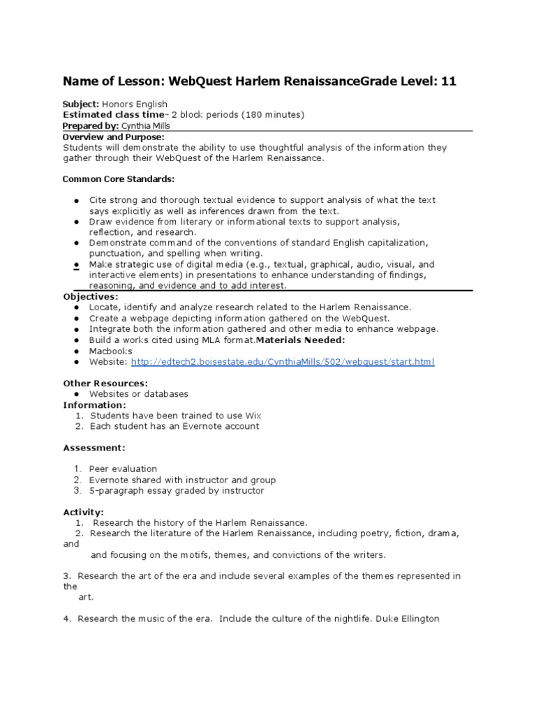 Name of Lesson: Webquest Harlem Renaissancegrade Level: 11 | PDF | Art