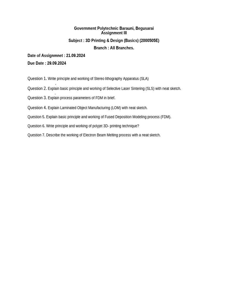 3D Printing Assignment for Polytechnic Students | PDF