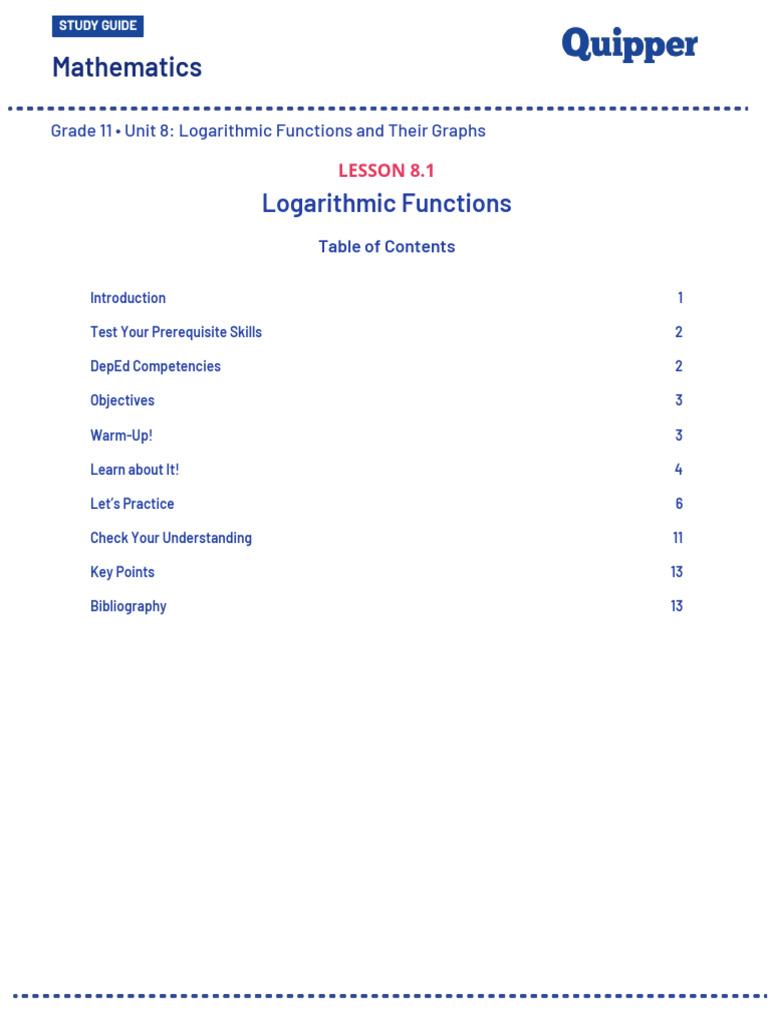 Logarithmic Functions for Grade 11 | PDF | Logarithm | Exponential Function