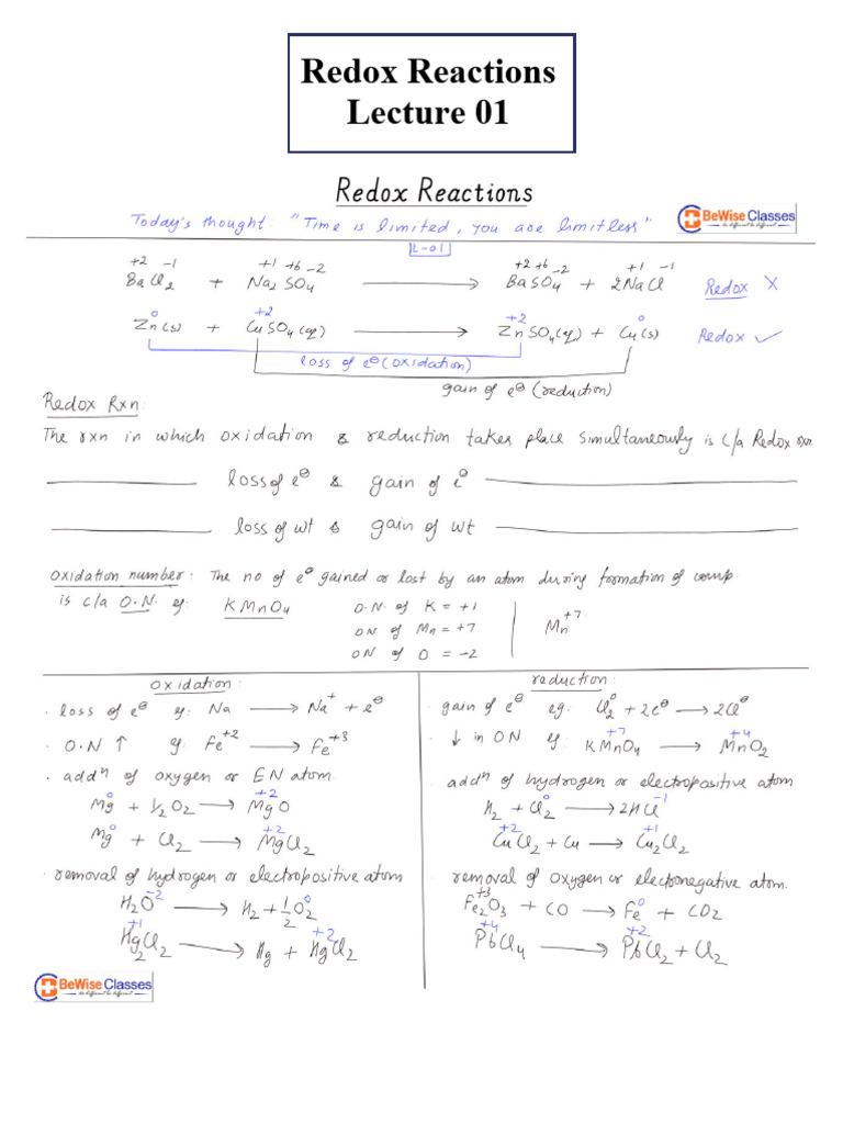 Redox Reactions Notes Pdf Chemistry Physical Sciences