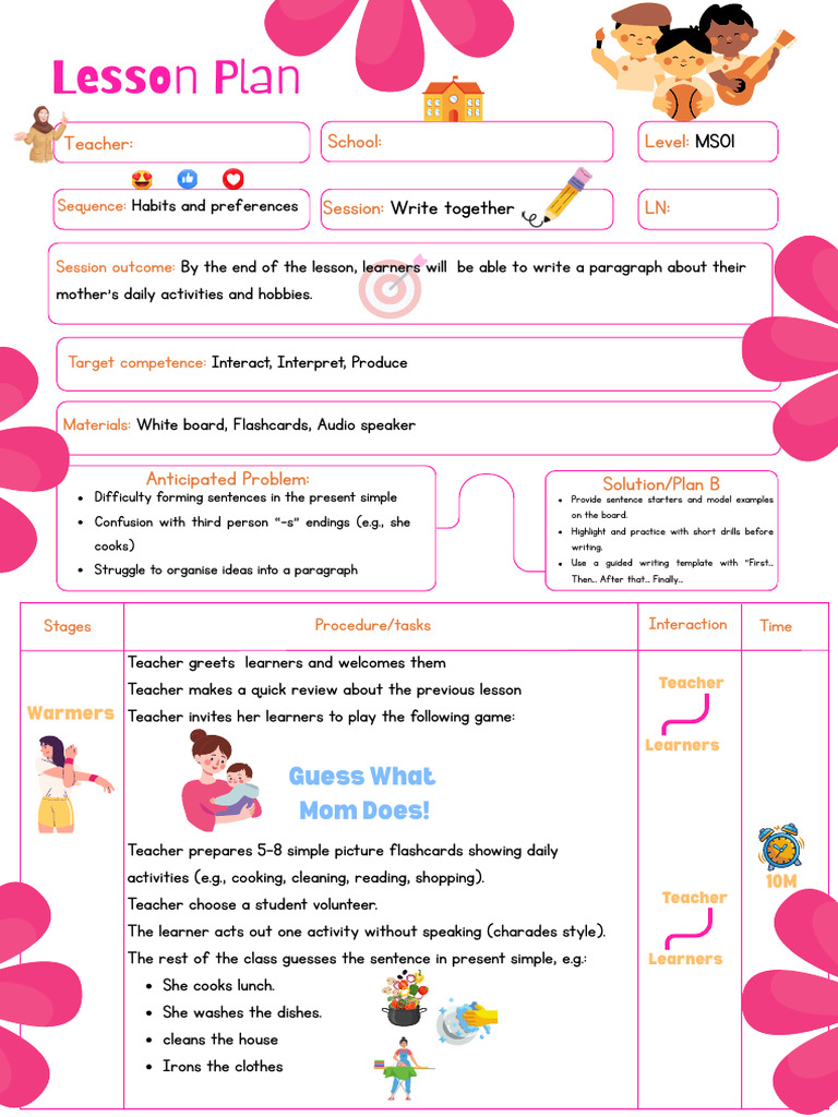 Daily Activities Writing Lesson Plan | PDF | Education Theory | Cognition