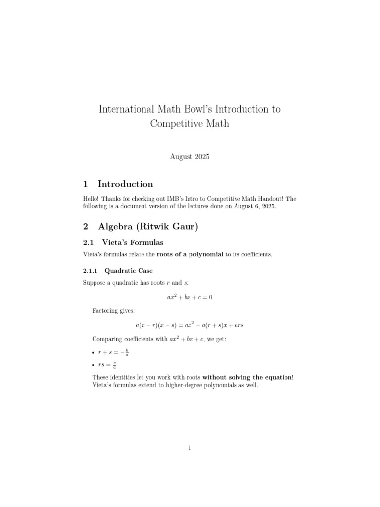 International Math Bowl S Introduction To Competitive Math August 2025 ...