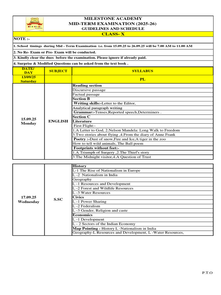 Class - 10 Schedule (25-26) - 1 | PDF | Equations | Algebra