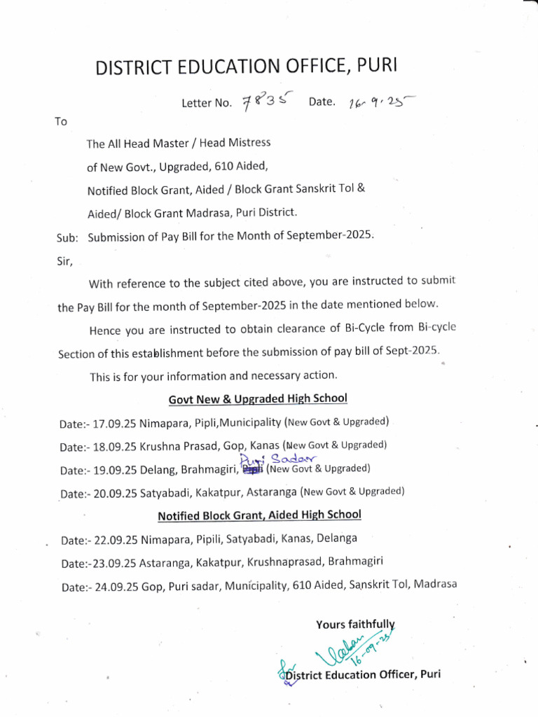 7835 Submission of Pay Bill For The Month of September 2025 | PDF