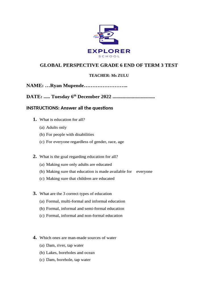 Grade 6 Global Perspective Test 2022 | PDF