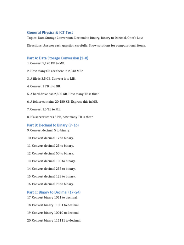Physics & ICT Test: Data Conversion | PDF