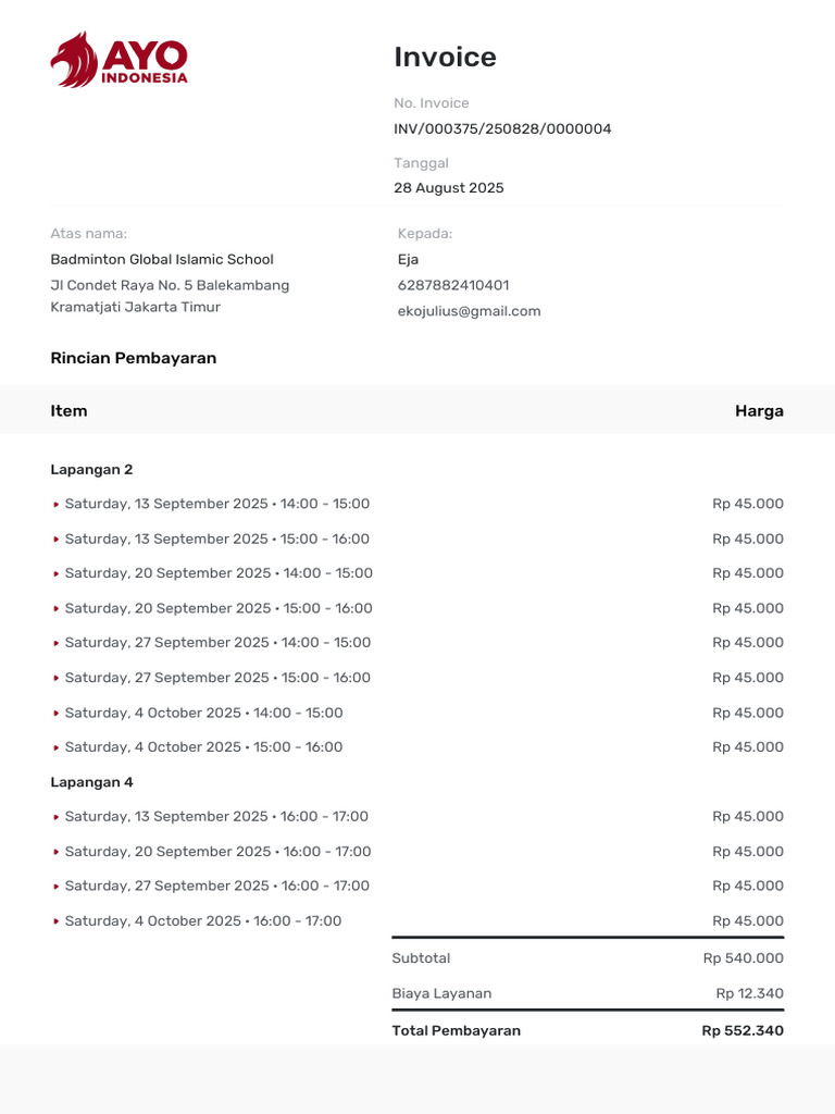 Badminton Court Booking Invoice | PDF