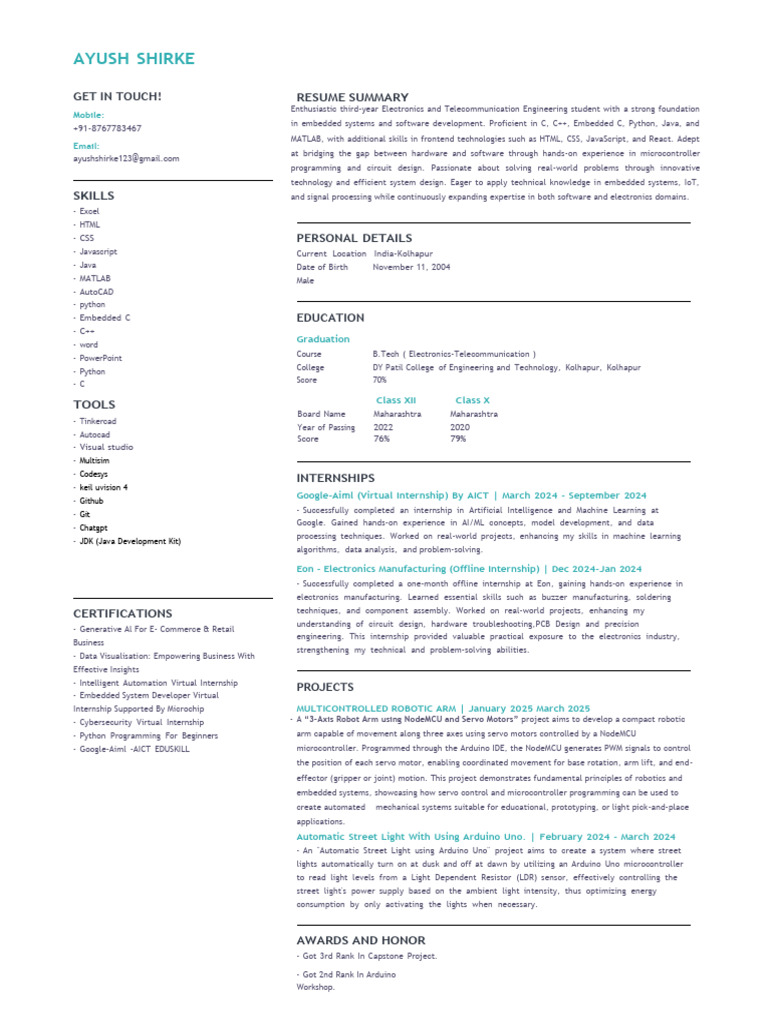 Ayush Resume | PDF | Arduino | Robotics