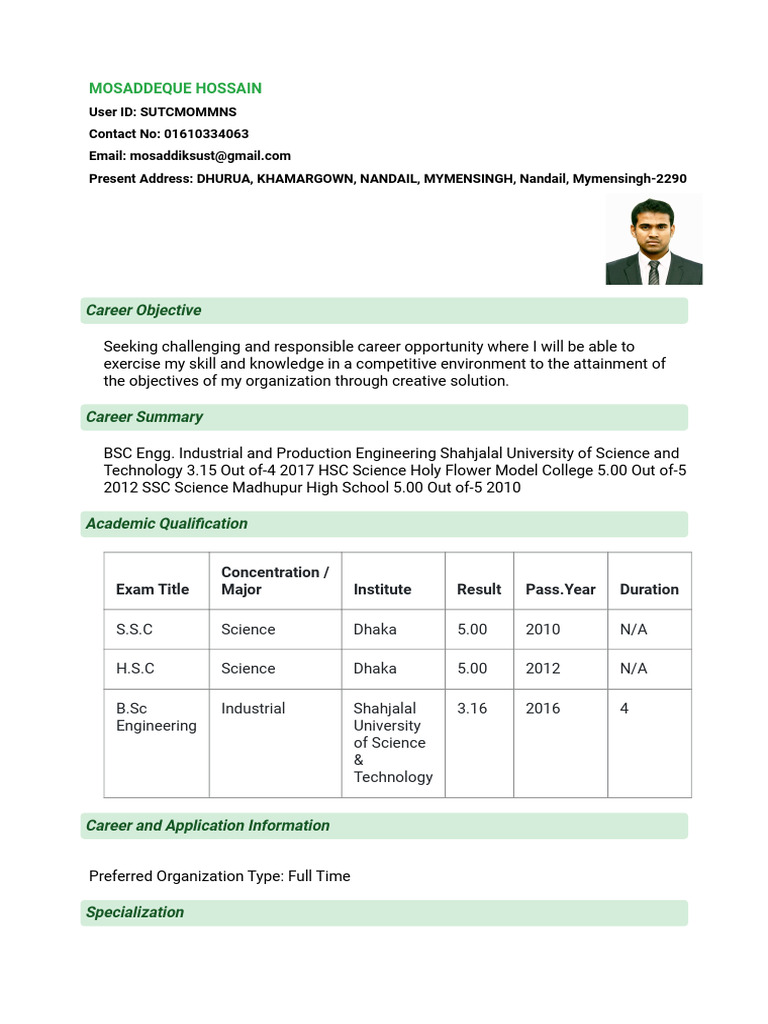 Mosaddeque Hossain CV: Engineering Graduate | PDF