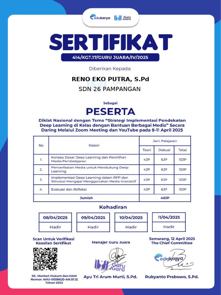 Sertifikat Diklat Nasional Strategi Implementasi Pendekatan Deep Learning Di Kelas Dengan ...
