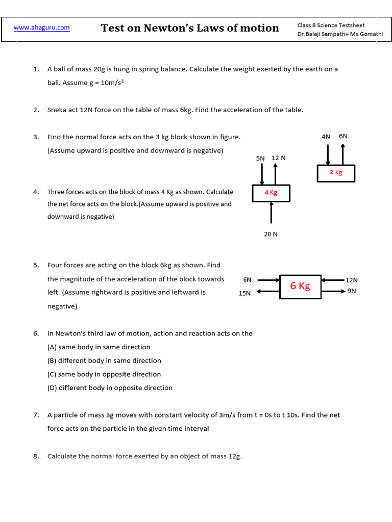 STD 8 Test OnNewton's Laws of Motion - Student | PDF